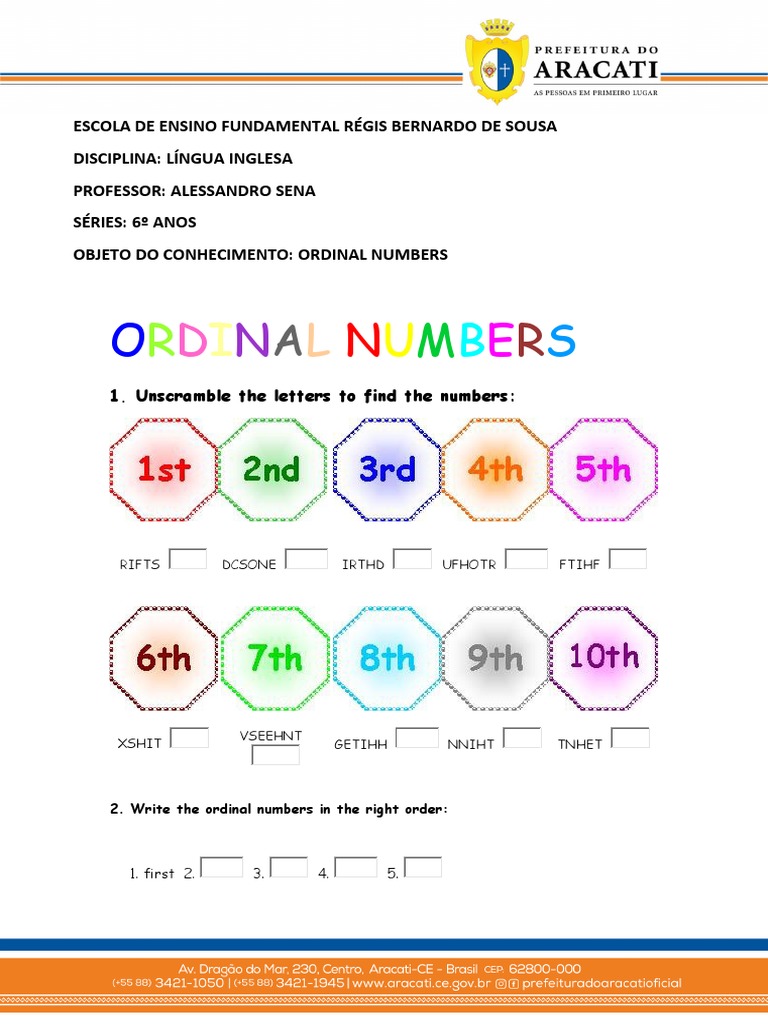 Ordinal Numbers - Atividade | PDF