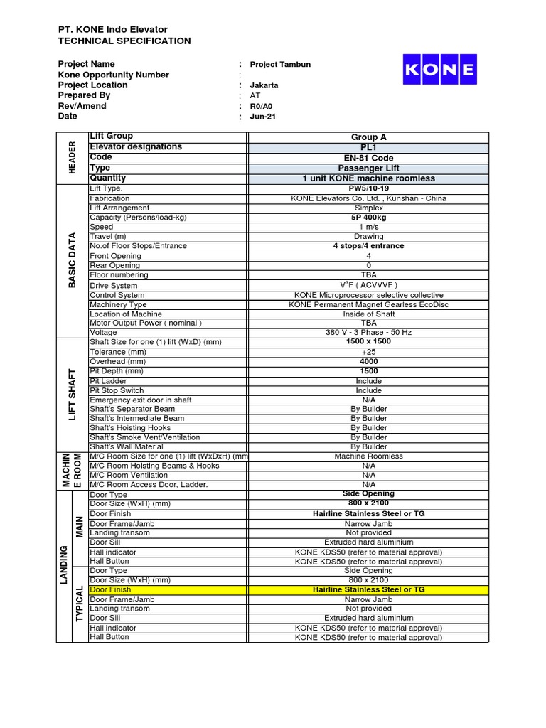 Technical Specification Elevator | PDF | Elevator | Door
