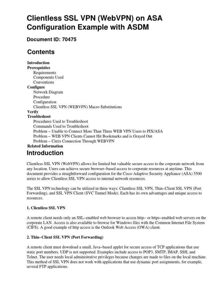 Clientless SSL VPN (Webvpn) On Asa Configuration Example With Asdm ...