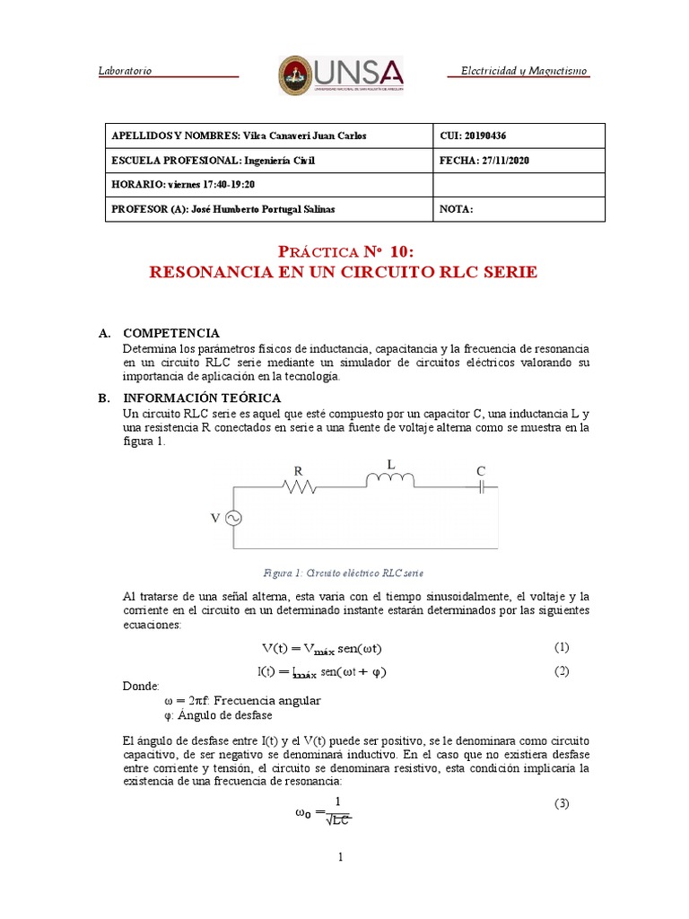 D Cima PR Ctica de Laboratorio Resonancia en Un Circuito RCL en Serie Juan Carlos Vilca Canaveri ...