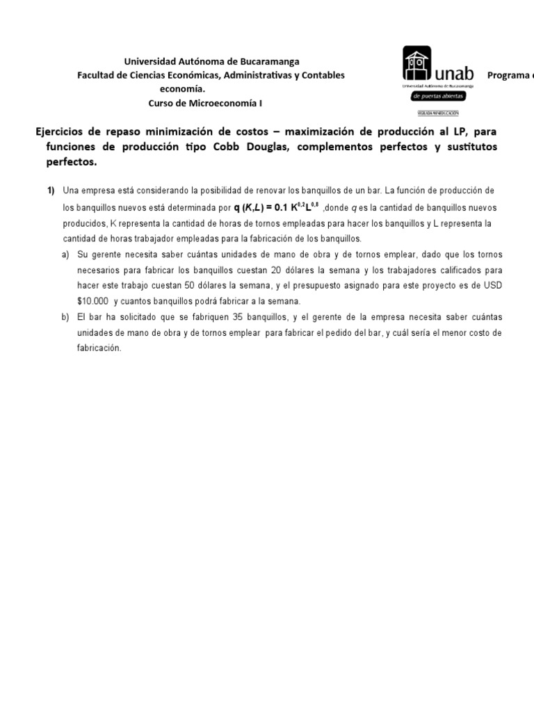 Taller Teoría Del Productor 4 | PDF | Microeconomía | Presupuesto