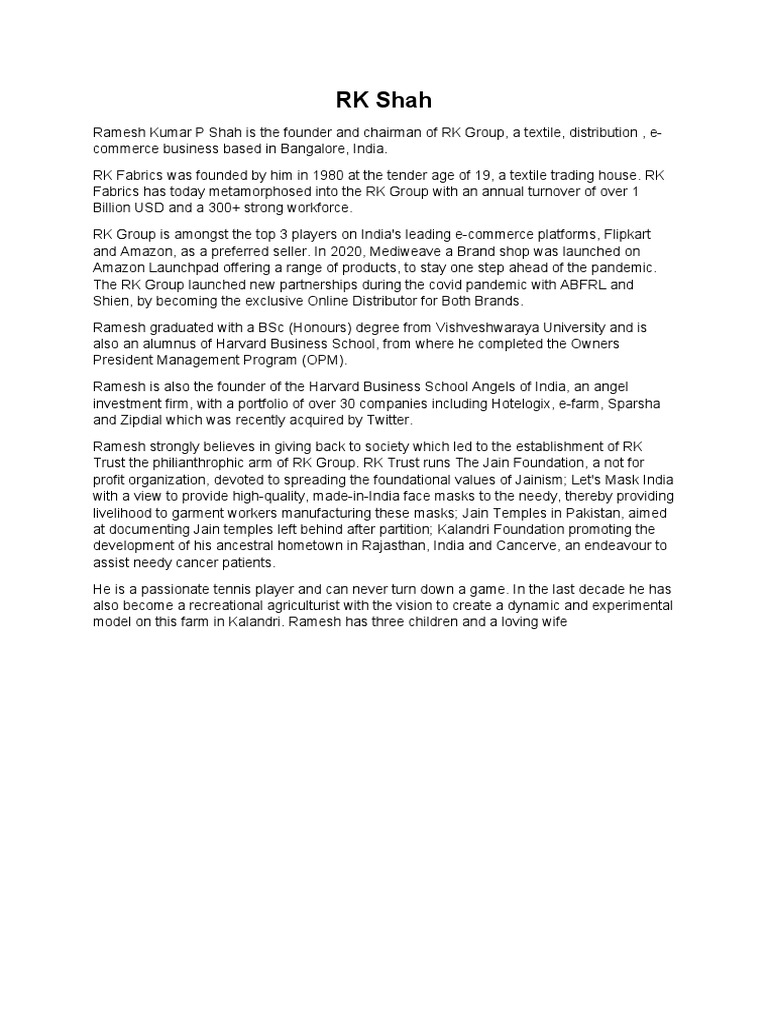 RK Shah Profile | PDF | Business