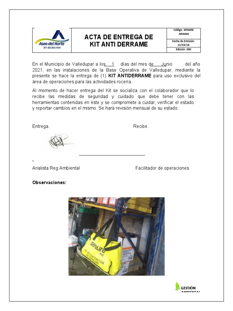 Acta de Entrega Kit Anti Derrame+foto | PDF