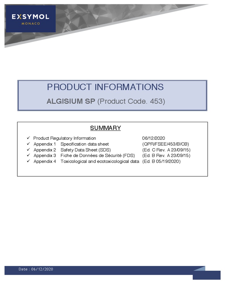 ALGISIUM SP Product Information | PDF | Toxicity | Physical Sciences