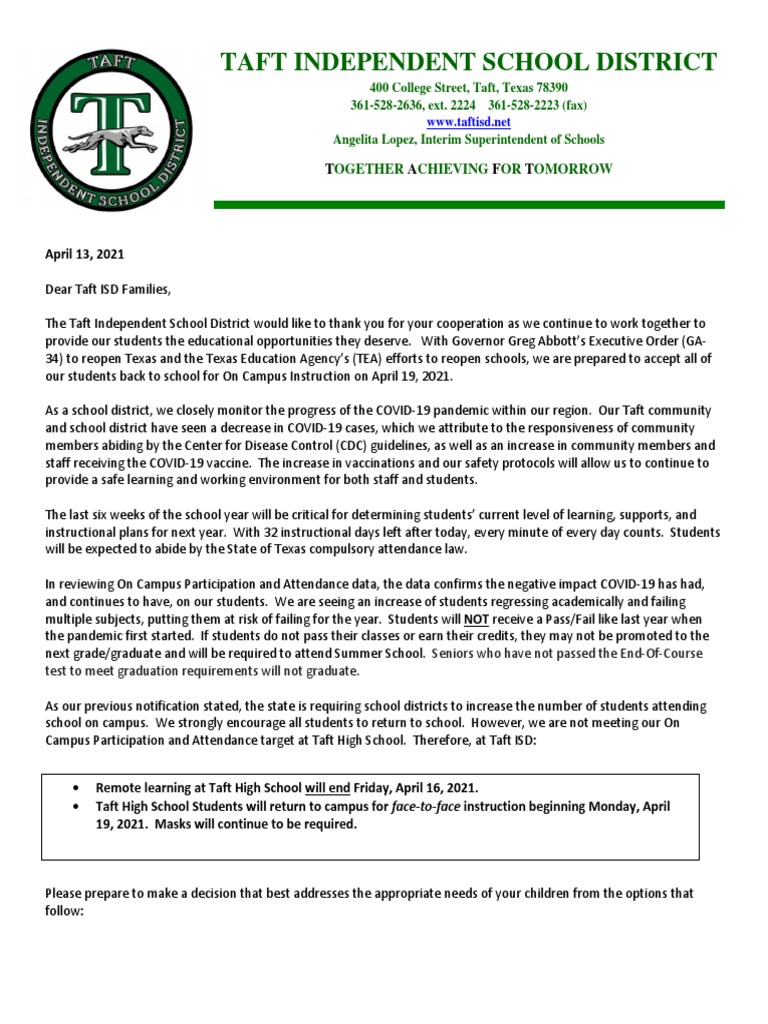 Taft Independent School District: T A F T | PDF | Centers For Disease ...