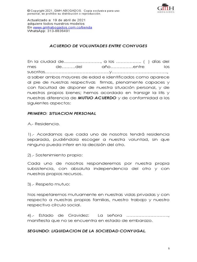 Minuta Acuerdo de Voluntades Conyuges Corre | PDF | Divorcio | Justicia