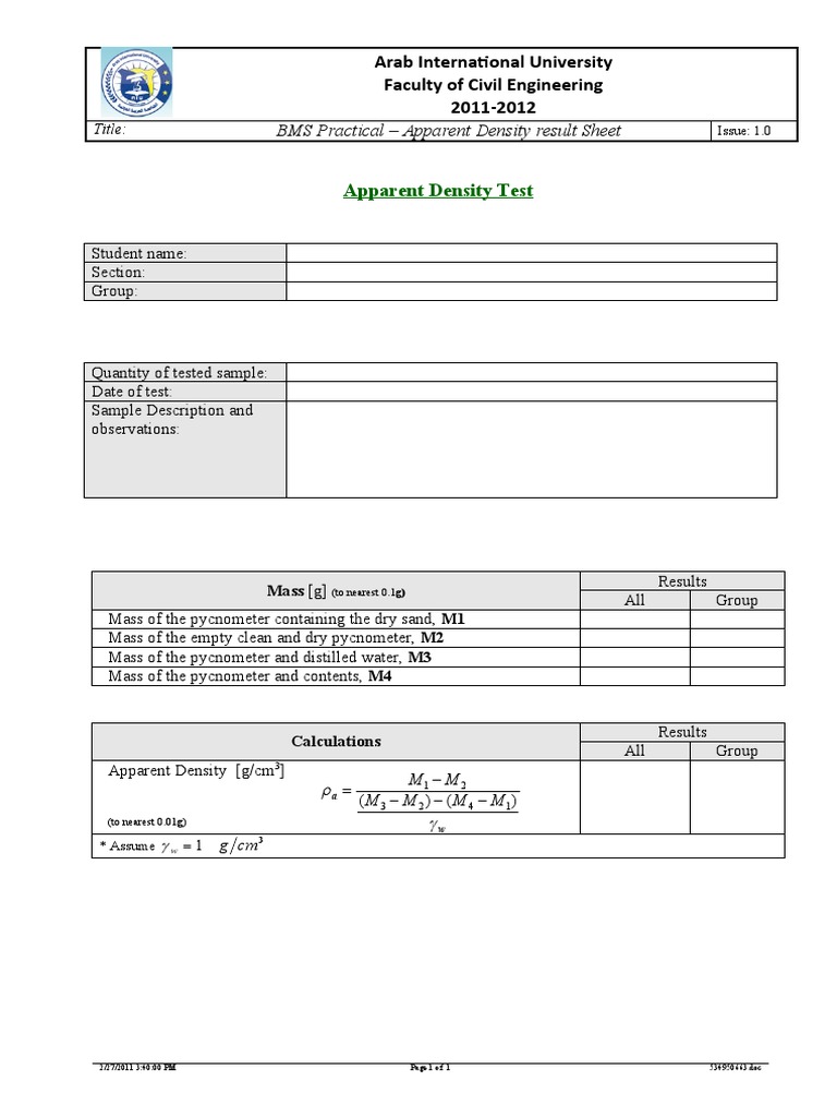Apparent Density of Sand - Test Report | PDF
