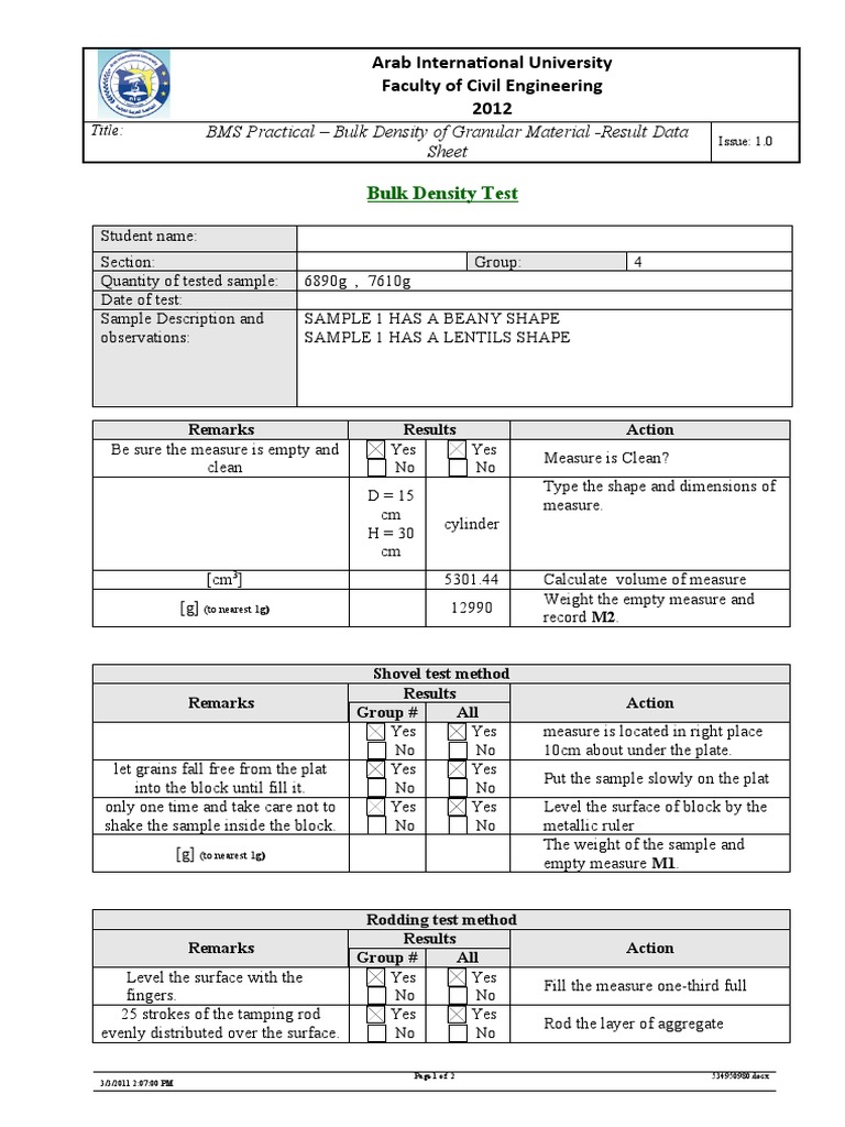 Bulk Density of Granular Material - Data Result Sheet | PDF | Density ...