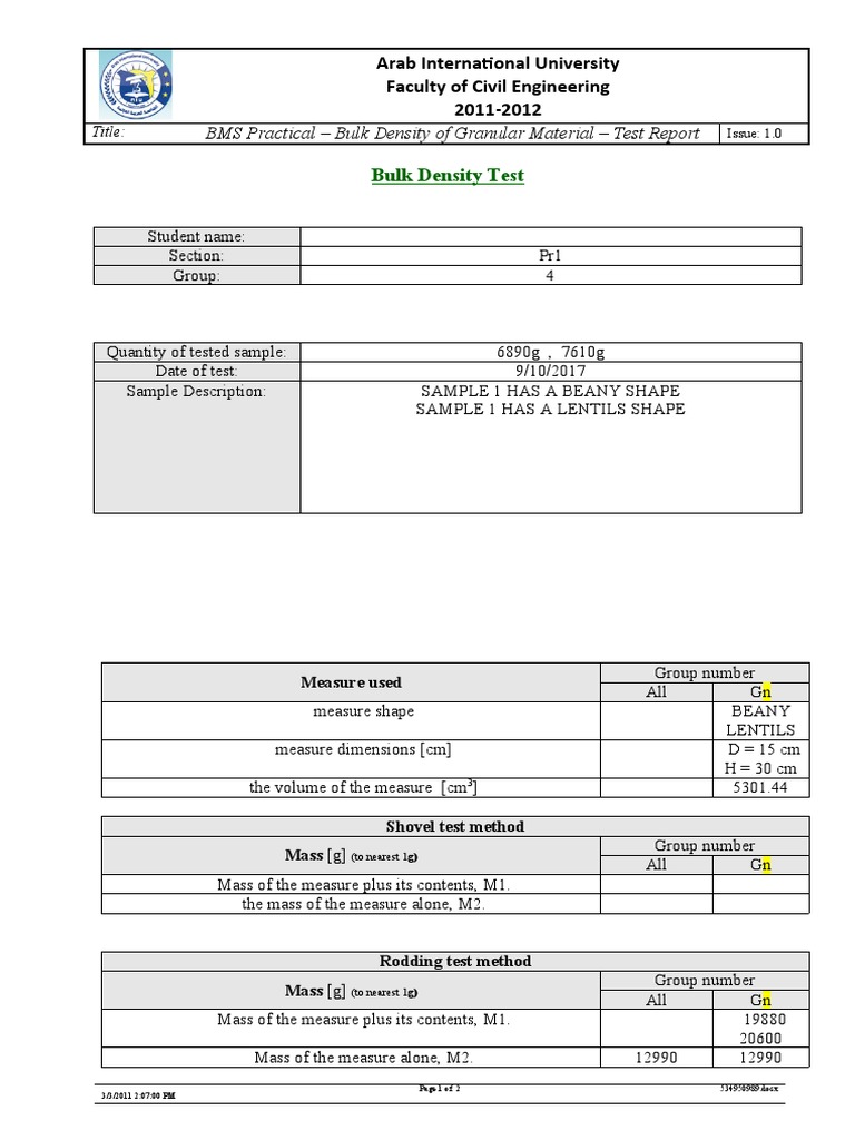 Bulk Density of Granular Material - Report | PDF | Density | Quantity