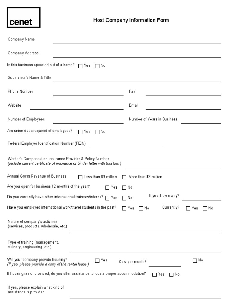 Host Company Information Form: (Include Current Certificate of ...