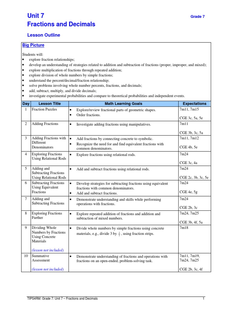 Unit 7 Fractions and Decimals: Lesson Outline | PDF | Decimal | Probability