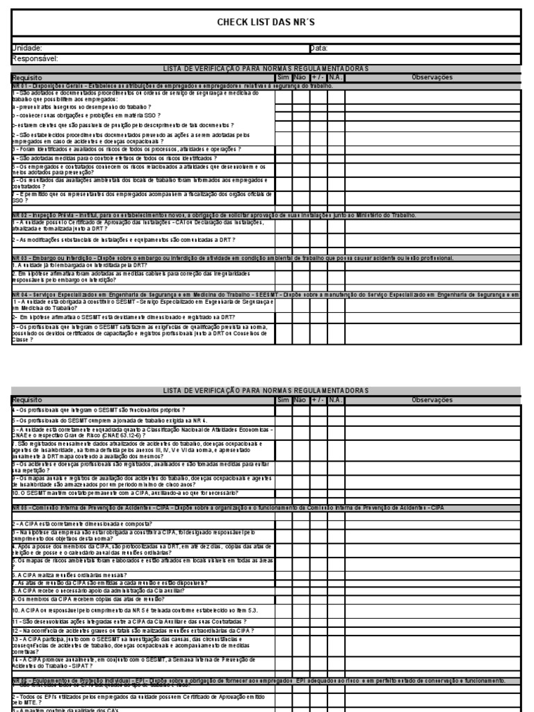 Check List Das NR S | PDF | Caldeira | Fiação elétrica
