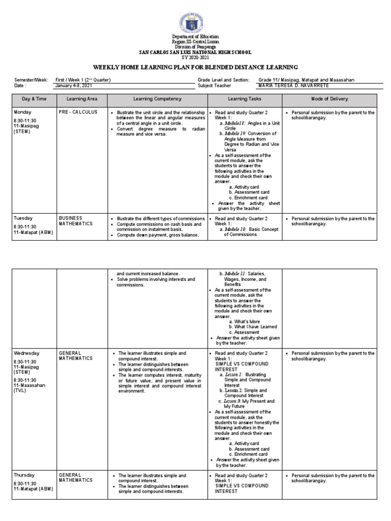 Weekly Home Learning Plan For Blended Distance Learning | PDF | Angle ...