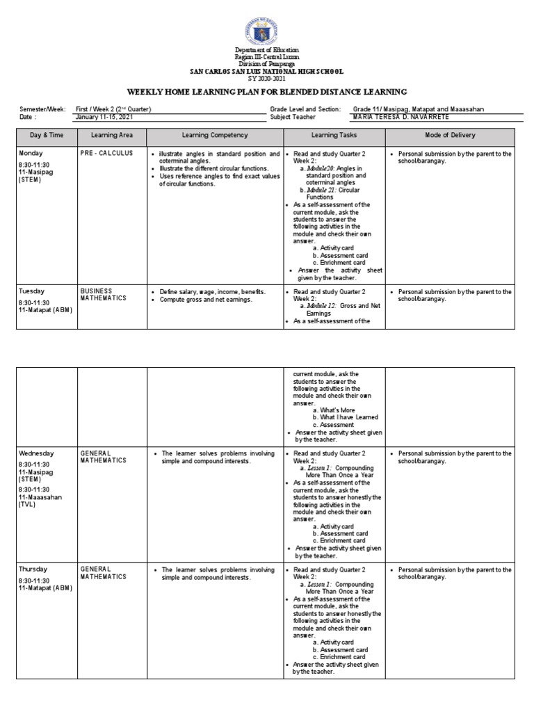 Weekly Distance Learning Plan Provides Insight into Grade 11 STEM ...