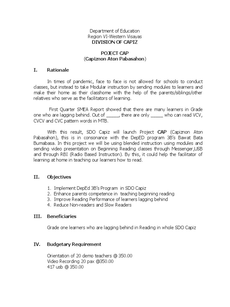 Division of Capiz Poject Cap I. Rationale | PDF | Applied Psychology | Education Theory