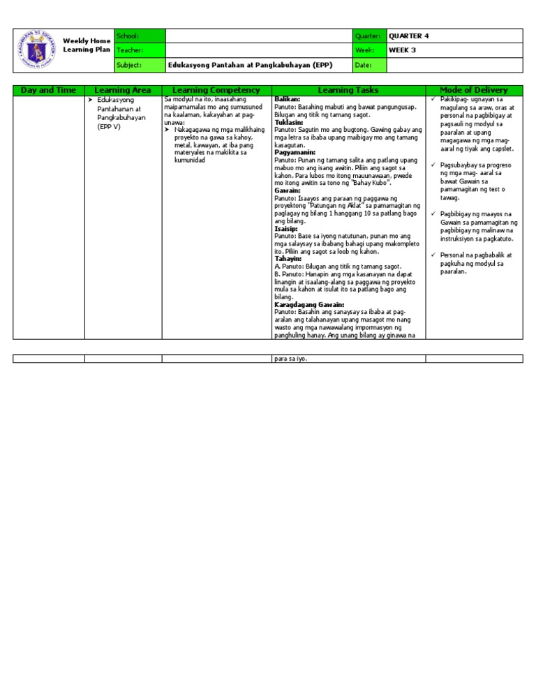 EPP Q4-W3 Weekly Learning Plan | PDF