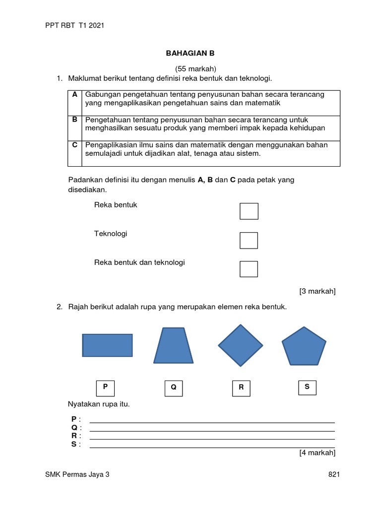 Bahagian B Soalan PPT t1 RBT Tingkatan 1 2021 | PDF
