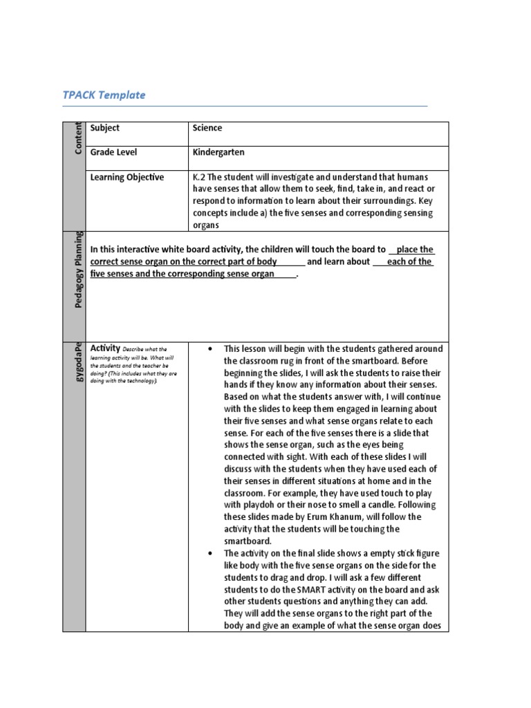Tpack Template Iwb Summer20 | PDF | Senses | Classroom