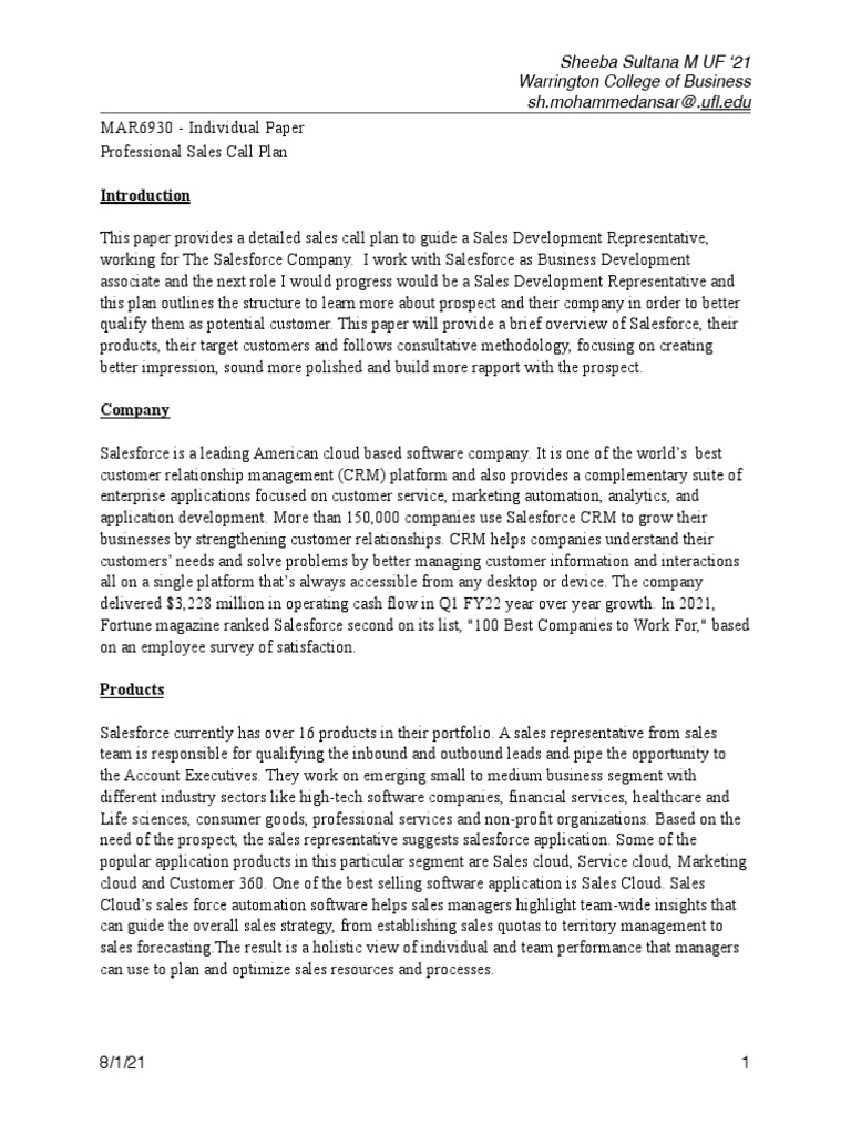 Sales Call Paper | PDF | Customer Relationship Management | Business