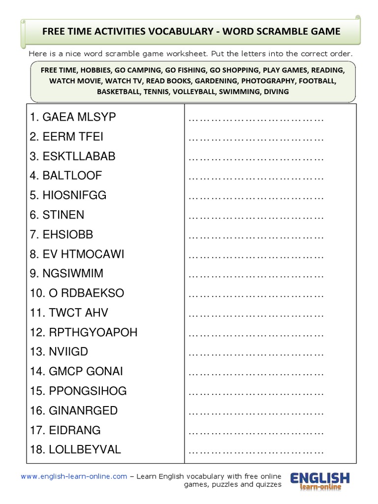 Free Time Activities Vocabulary Word Scramble Game Worksheet | PDF