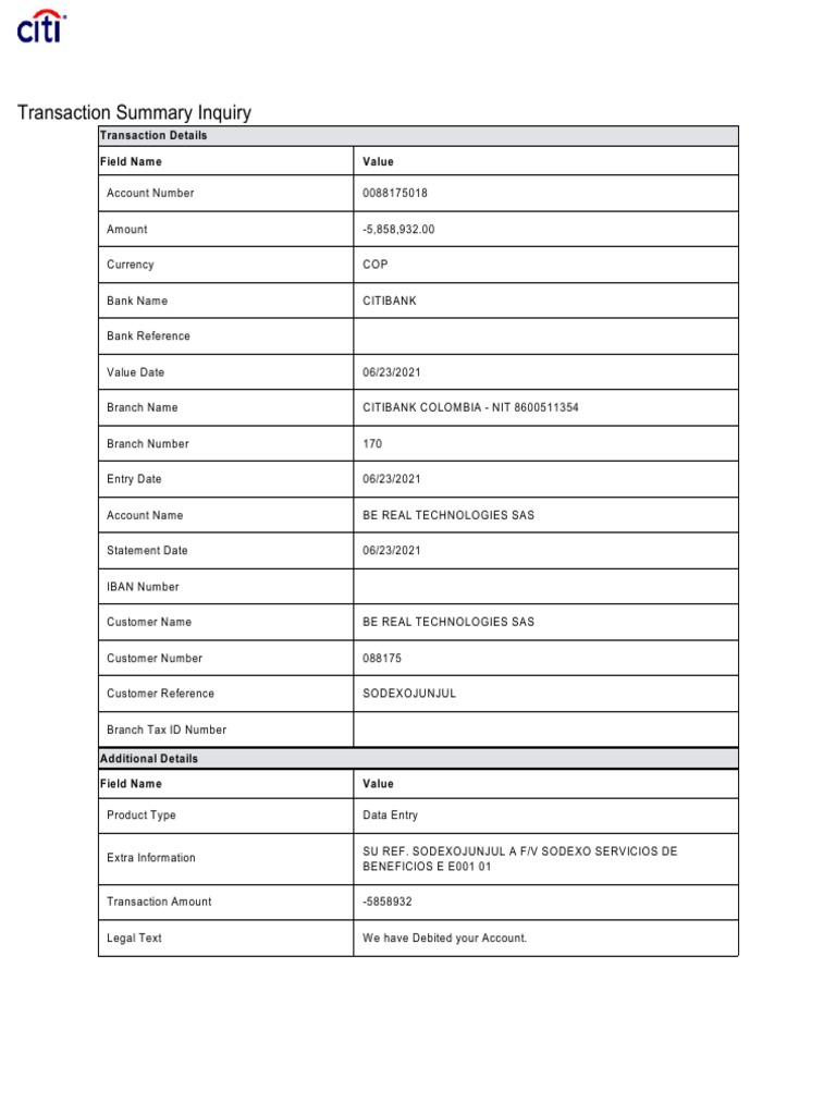 Transaction Summary Inquiry: Transaction Details Field Name Value | PDF