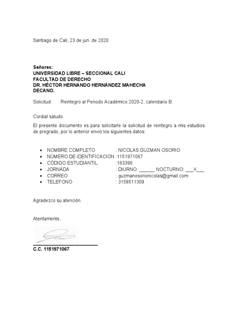 Carta Solicitud de Reintegro | PDF