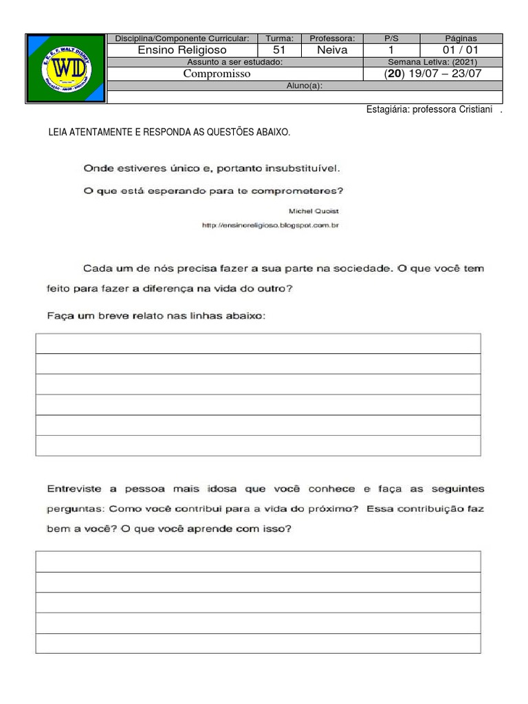 Compromisso: Ensino Religioso 51 Neiva 1 01 / 01 (20) 19/07 - 23/07 | PDF