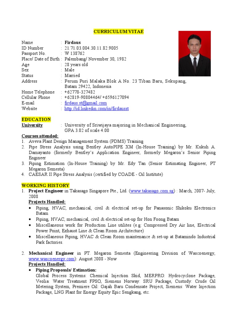 CV Firdaus 2011 | PDF | Specification (Technical Standard) | Mechanical Engineering