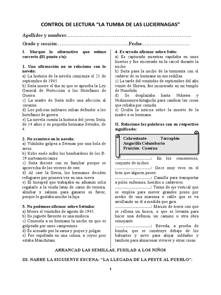 Control de Lectura La Tumba de Las Luciérnagas SC | PDF | Violencia ...
