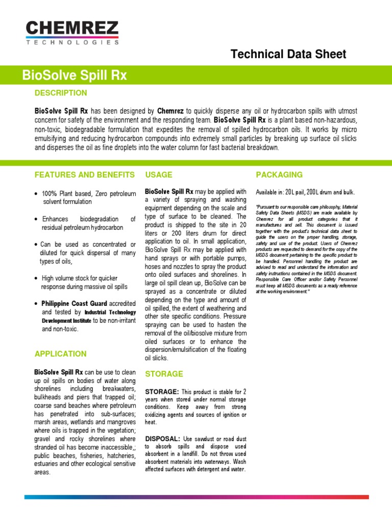 Biosolve Spill RX: Technical Data Sheet | PDF | Oil Spill | Petroleum