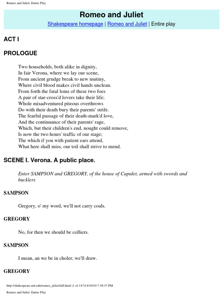 Romeo and Juliet - Entire Play | PDF | Characters In Romeo And Juliet ...