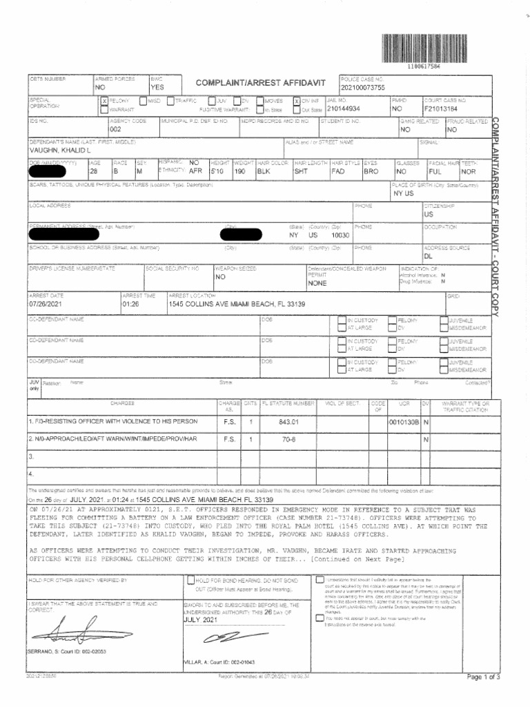 Arrest Forms in The Cases of Defendants Khalid Vaugh and Dalonta Crudup ...