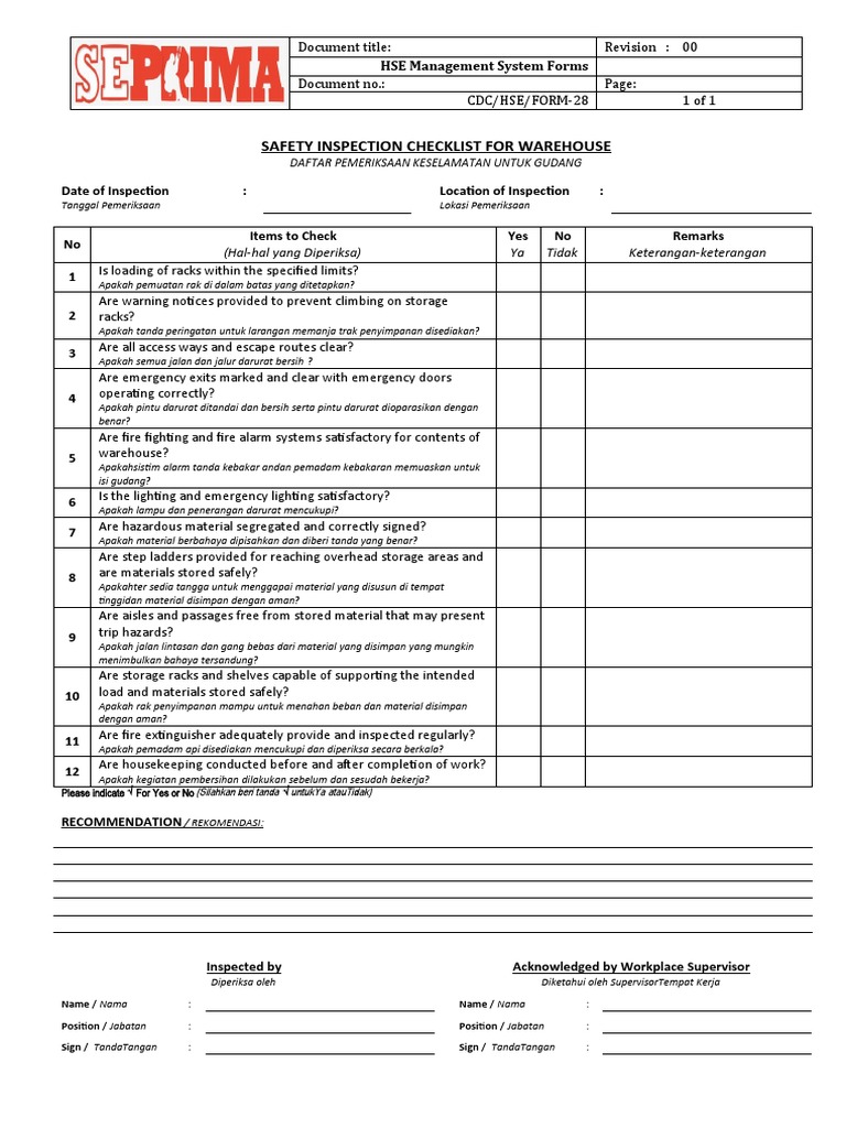 Checklist Inspeksi Keselamatan Gudang | PDF