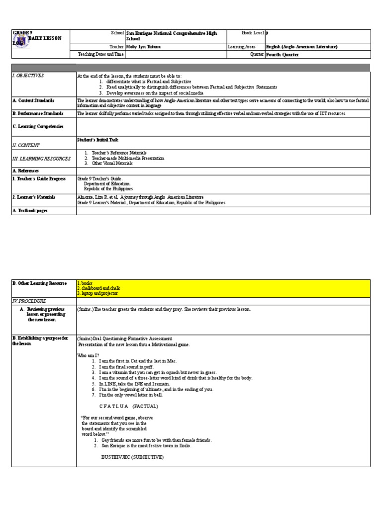 Grade 9 students learn to distinguish factual from subjective | PDF ...