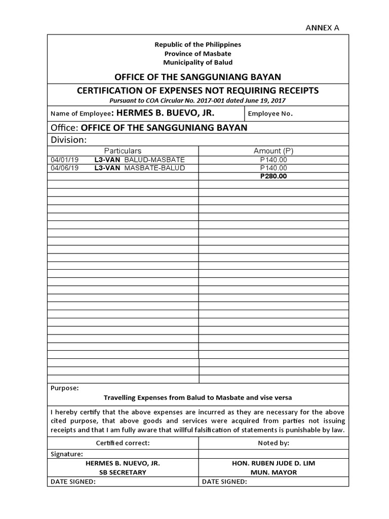 Office of The Sangguniang Bayan Certification of Expenses Not Requiring ...