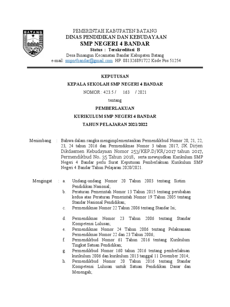 SK Pemberlakuan Kurikulum 2122 | PDF