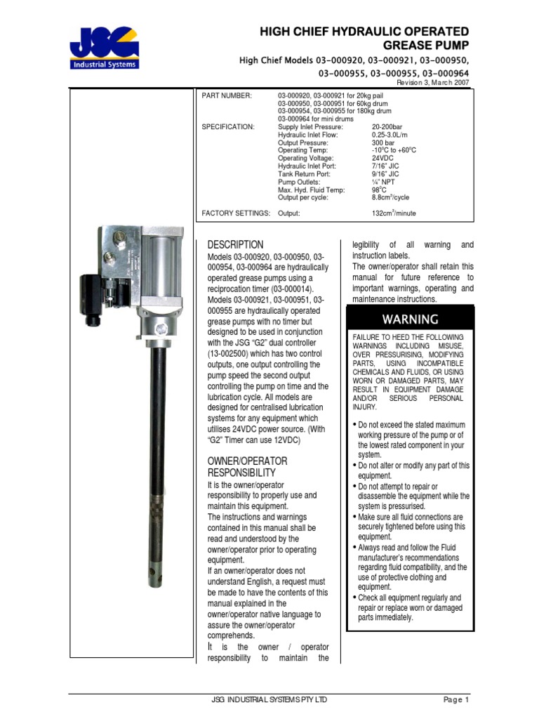High Chief Hydraulic Grease Pump Manual | PDF | Pump | Valve