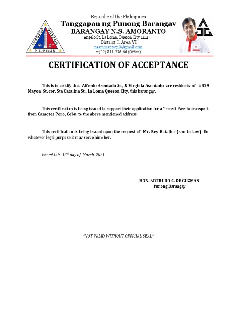 Barangay Certification of Acceptance | PDF