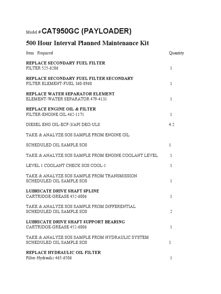 Cat950Gc (Payloader) : 500 Hour Interval Planned Maintenance Kit | PDF