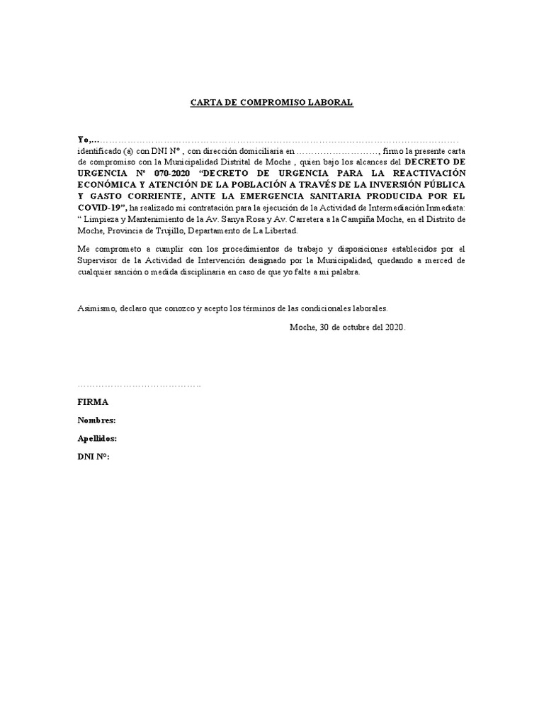 Carta de Compromiso Laboral | PDF