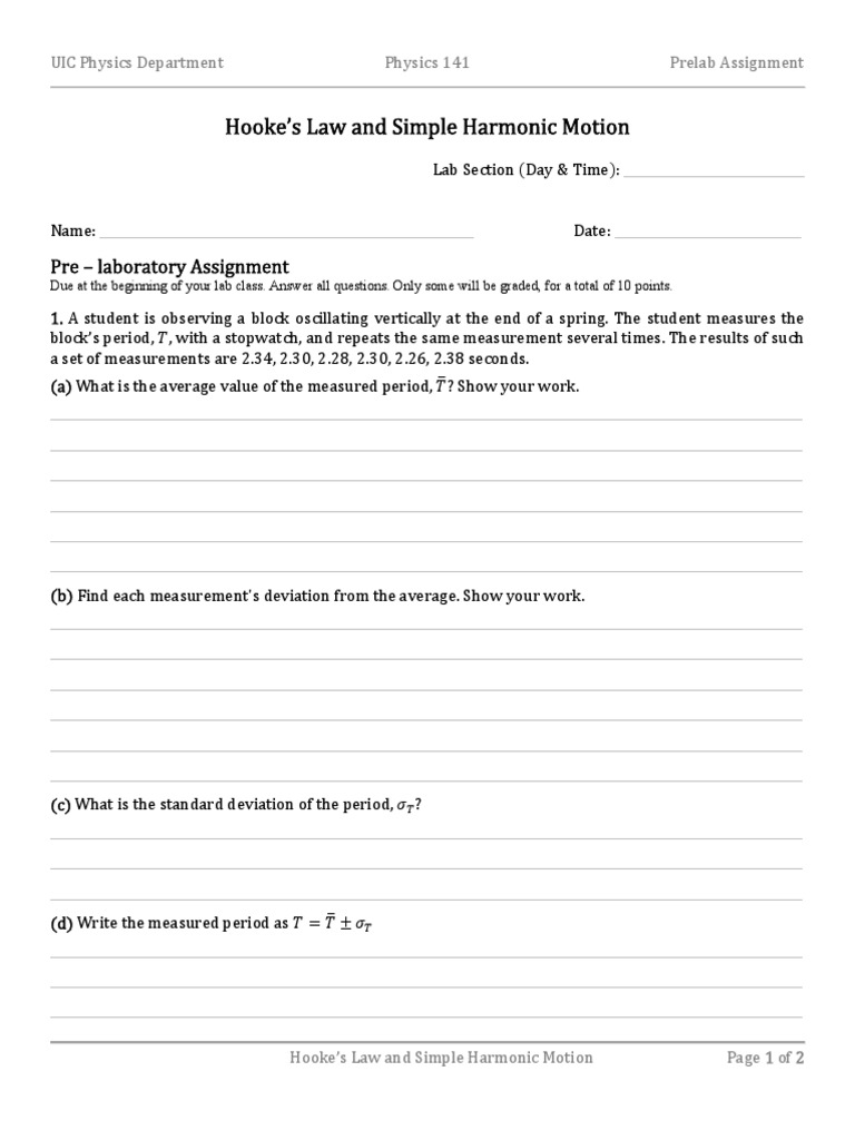 Hooke's Law and SHM Lab Prep | PDF | Mechanical Engineering | Classical ...
