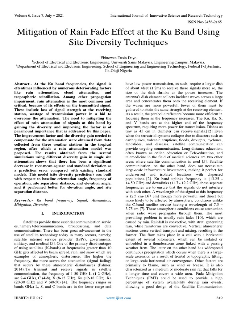 Mitigation of Rain Fade Effect at The Ku Band Using Site Diversity ...