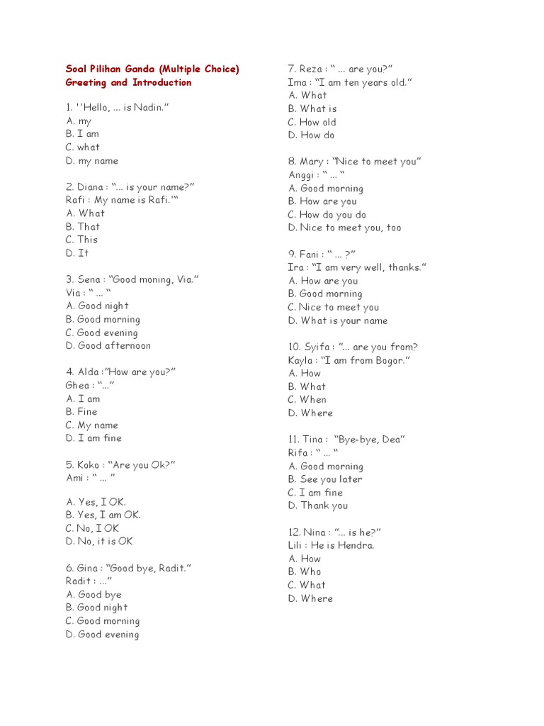 Aimee Greeting Multiple Choice | PDF