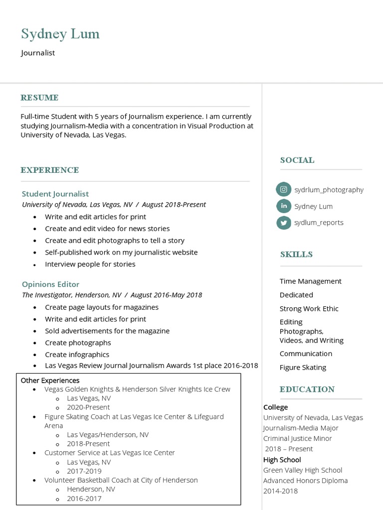 Sydney Lum Resume 2021 Web Profolio | PDF | Journalism | Las Vegas