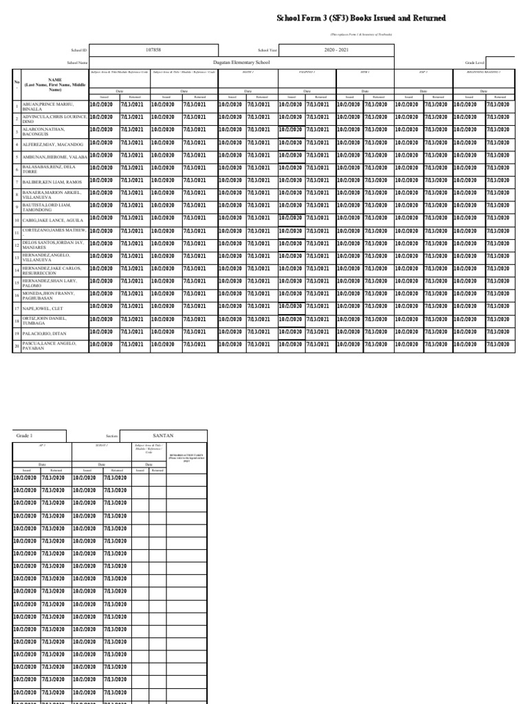 School Form 3 (SF3) Books Issued and Returned: 107858 2020 - 2021 ...