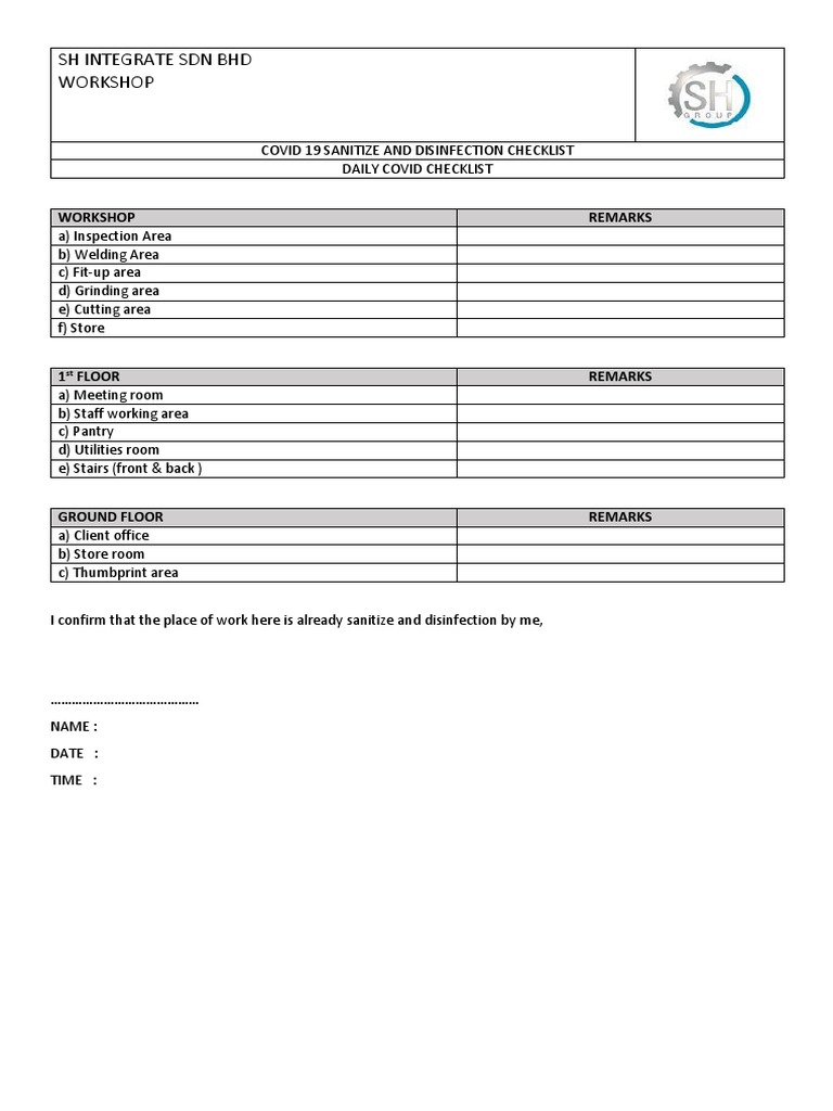 Daily COVID-19 Sanitization Checklist for SH INTEGRATE SDN BHD Workshop ...