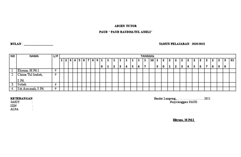 Contoh Absen Tutor Paud | PDF