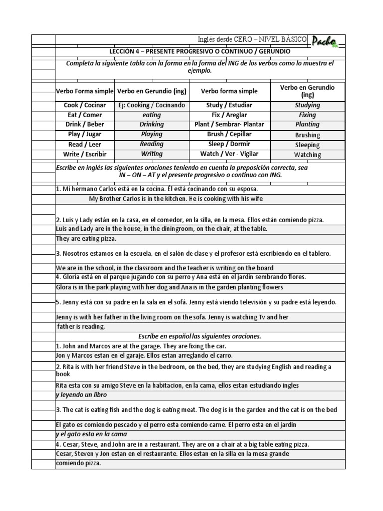 Lección 4 - Presente Progresivo o Continuo - Gerundio | PDF | Tipología ...