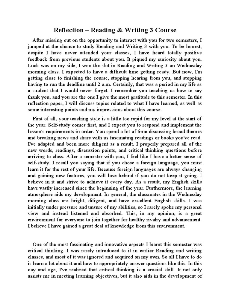 Reflection on Reading & Writing 3 | PDF | Learning | Teachers