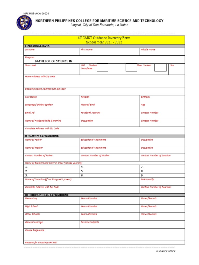 Student Guidance Inventory Form: Collecting Comprehensive Student Data ...